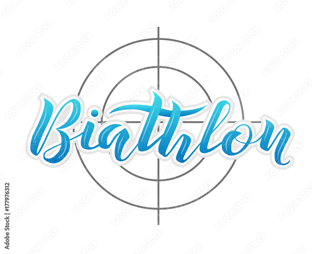 Biathlon blue lettering text on white textured background with black ...