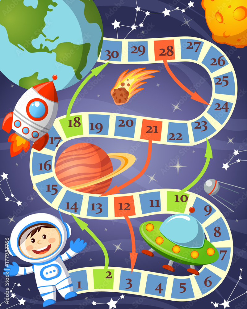 Board game with cosmonaut, ufo, rocket, planet and stars Stock Vector ...