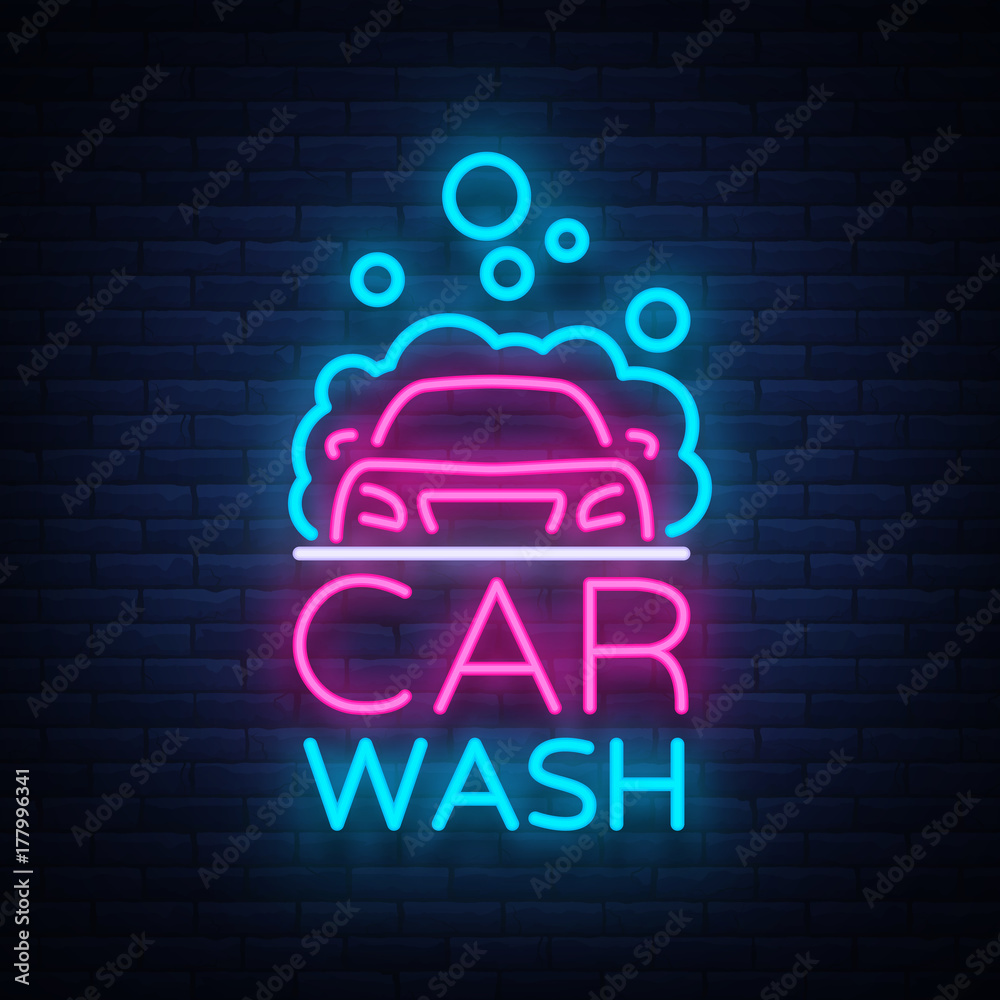 Car wash logo vector design in neon style vector illustration isolated ...