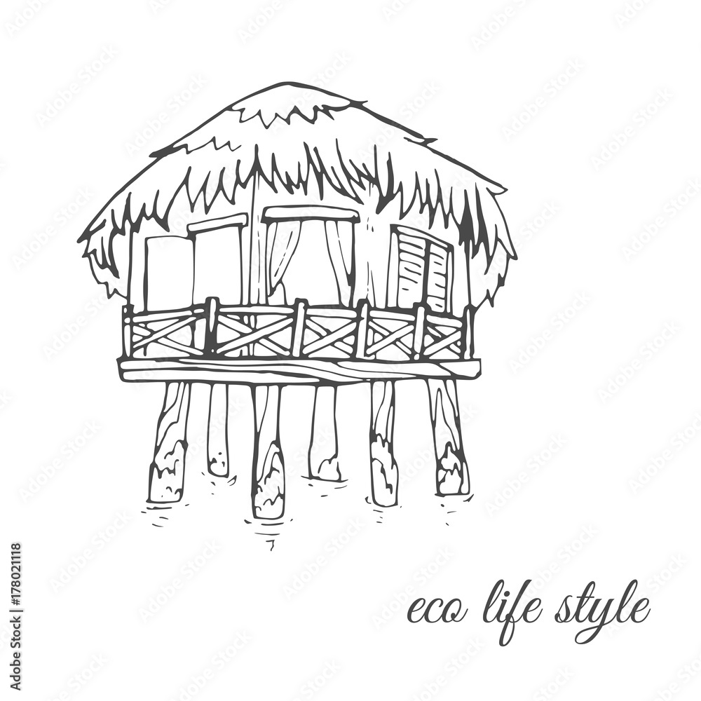 Roundhouse on the water with a thatched roof in the style of a sketch ...