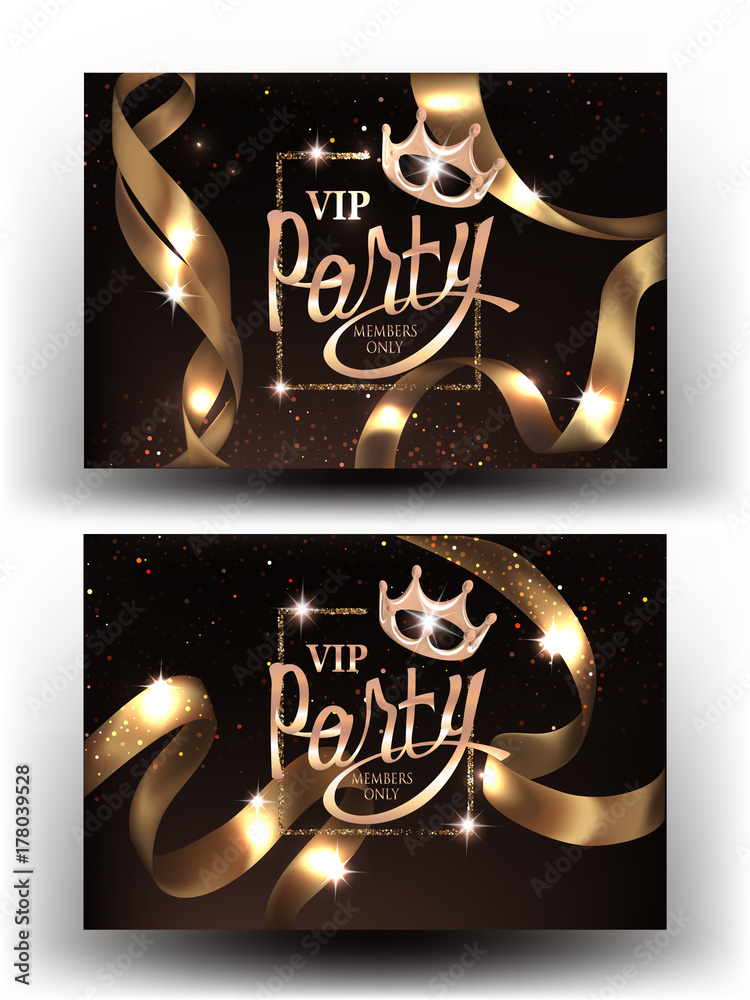 VIP party invitation cards with gold dust and silk gold ribbons. Vector ...