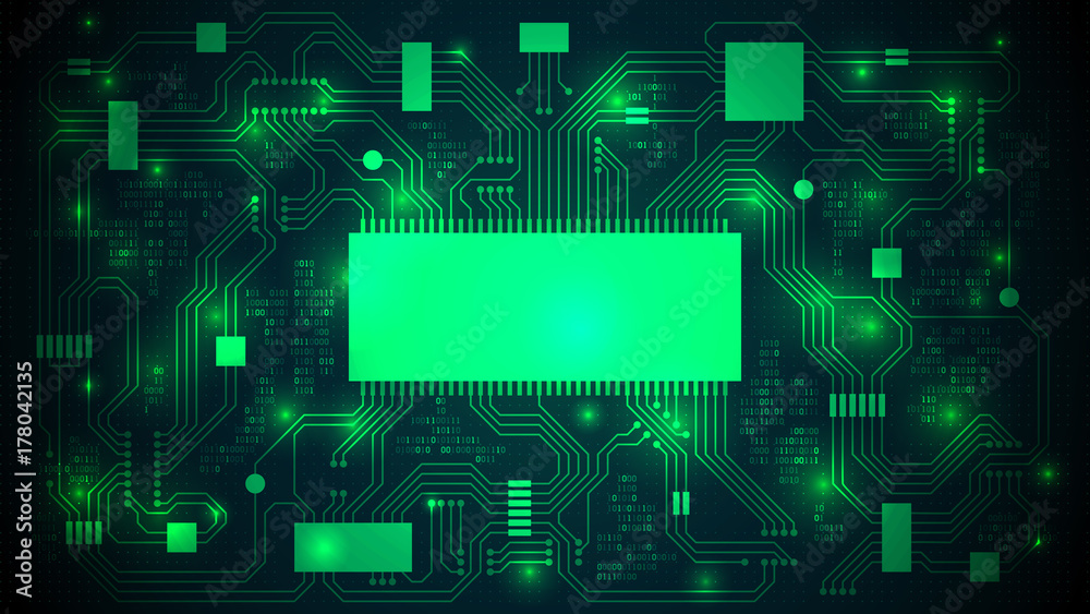 Printed circuit board with a processor, microchips and binary code ...