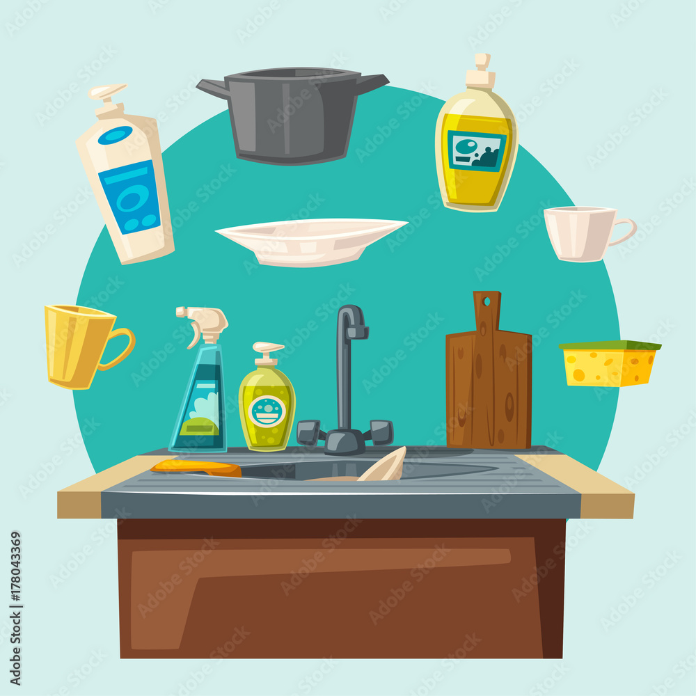 Dishwashing and cleaning with soap sink and sponge. Cartoon vector ...