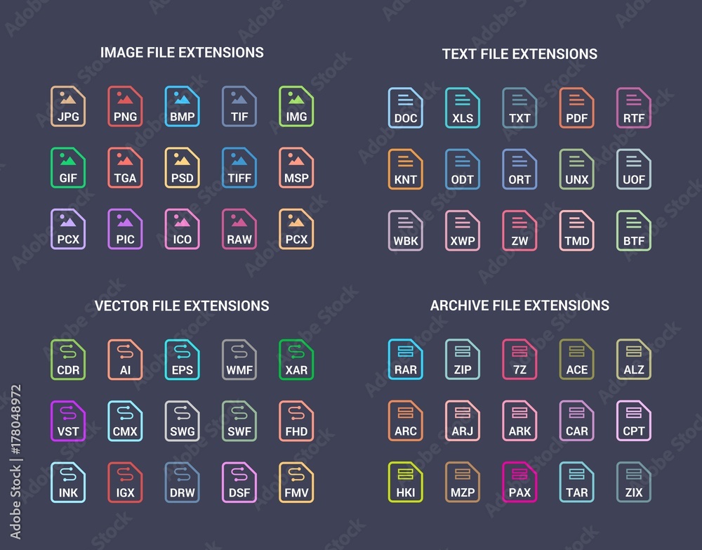 Colored File extension flat vector icons. Image, text, archive, vector ...