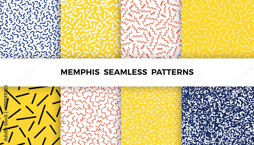 Set of bright geometric memphis patterns with wavy lines, triangles ...