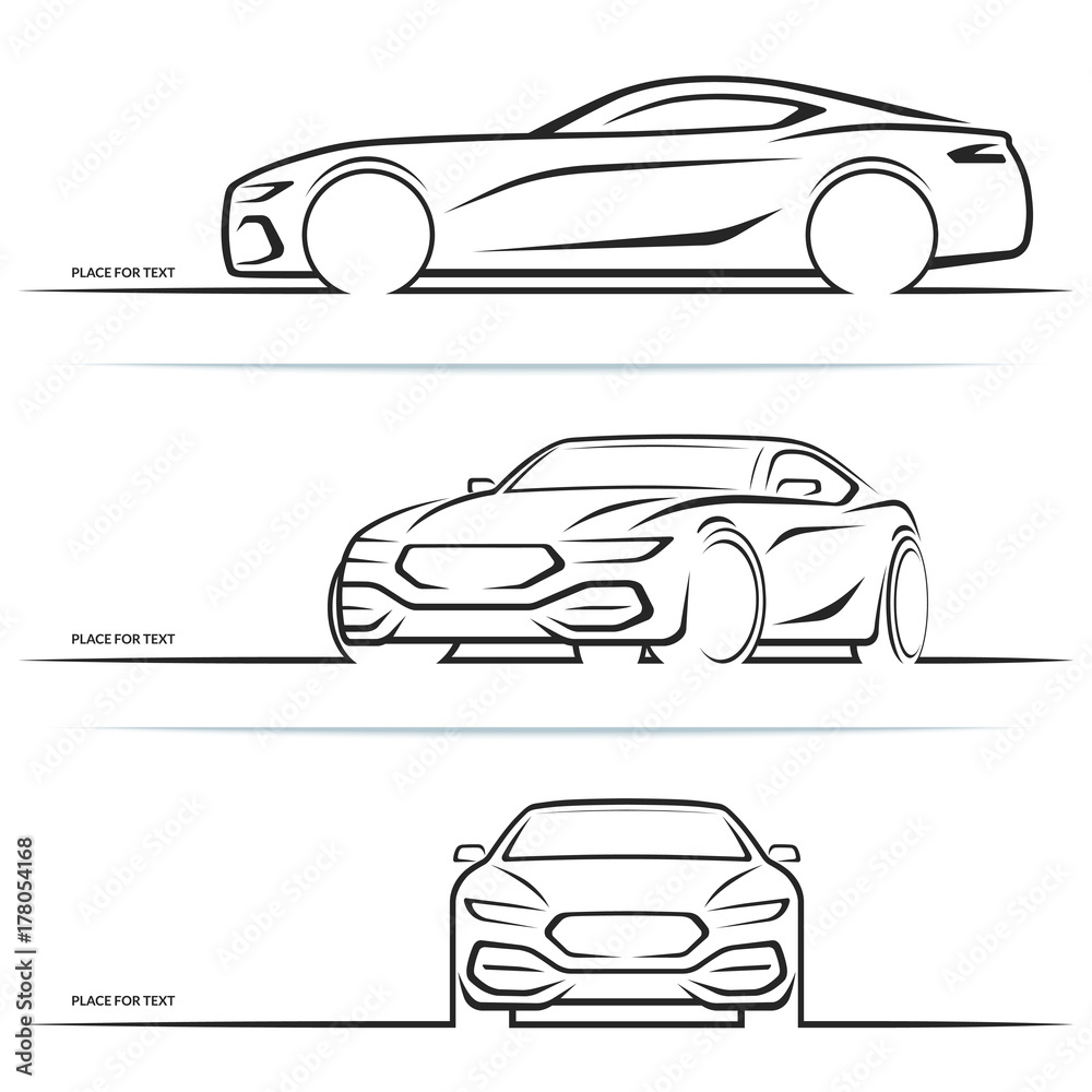 Vector sports car silhouettes. Front, side, perspective view. Stock ...