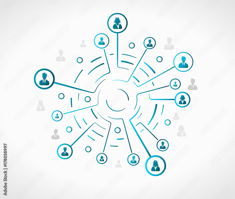 Network concept illustration with black people silhouettes over grid ...