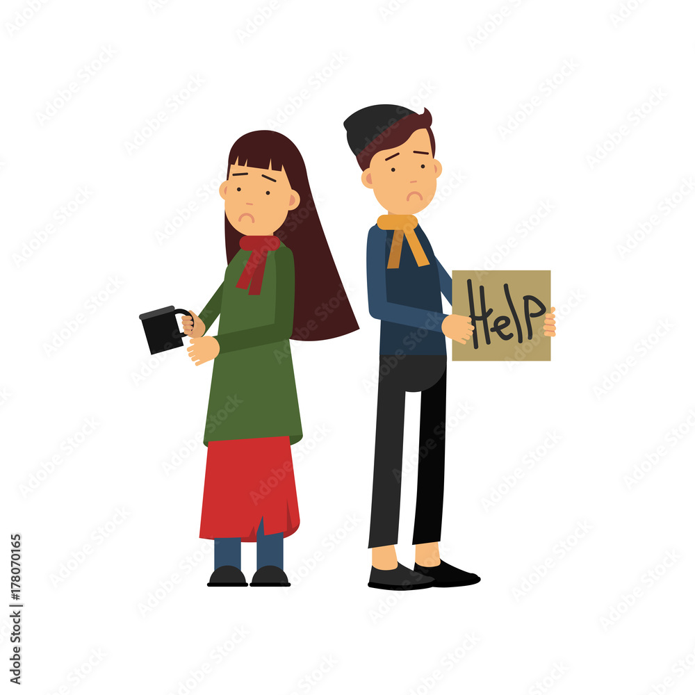 Homeless boy and girl asking for help on street, orphans needing hel ...