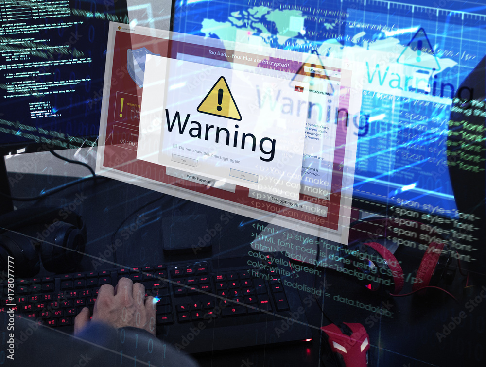 Computer with warning pop up sign window Stock Photo | Adobe Stock