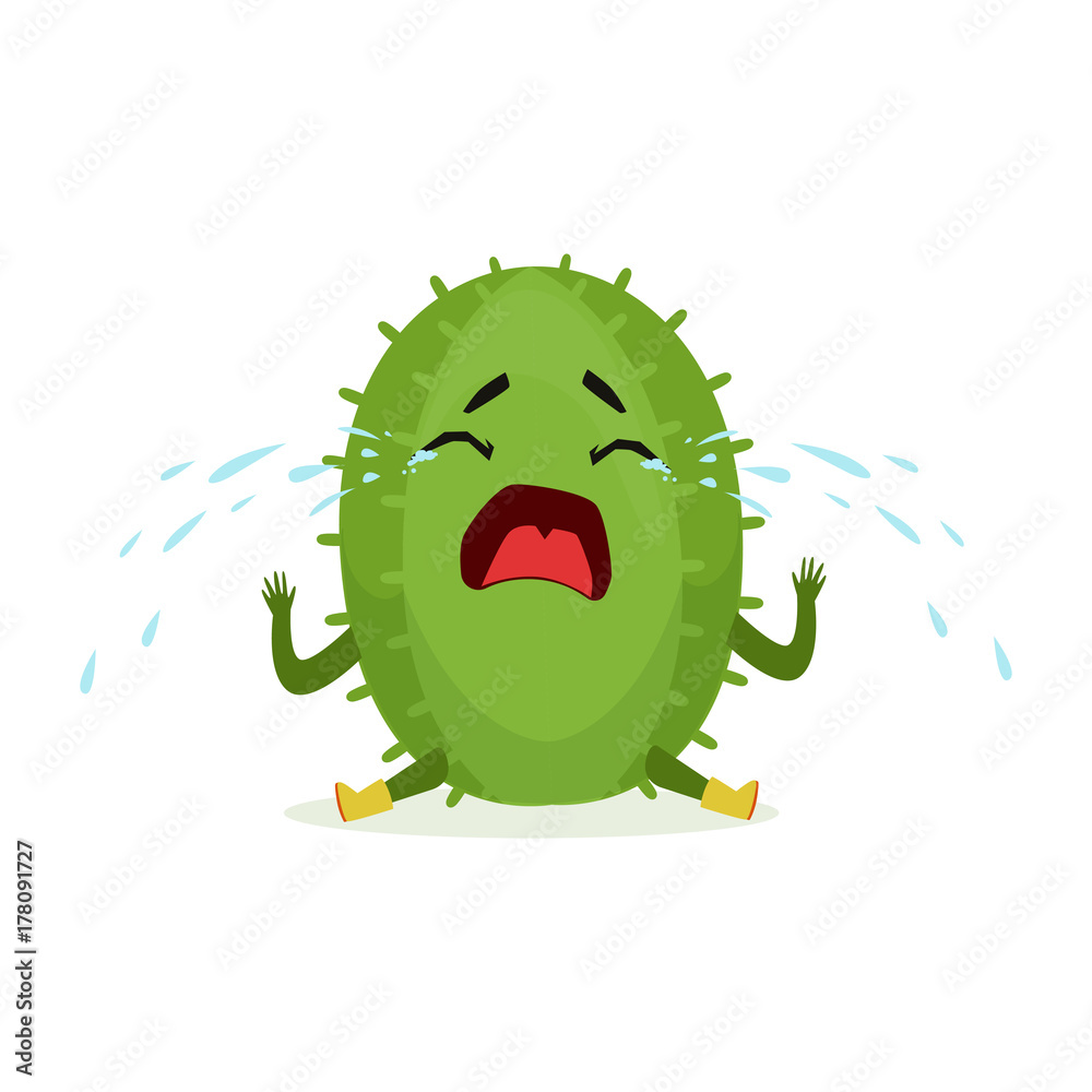 Cute upset cactus sitting on the floor and crying, funny plant ...