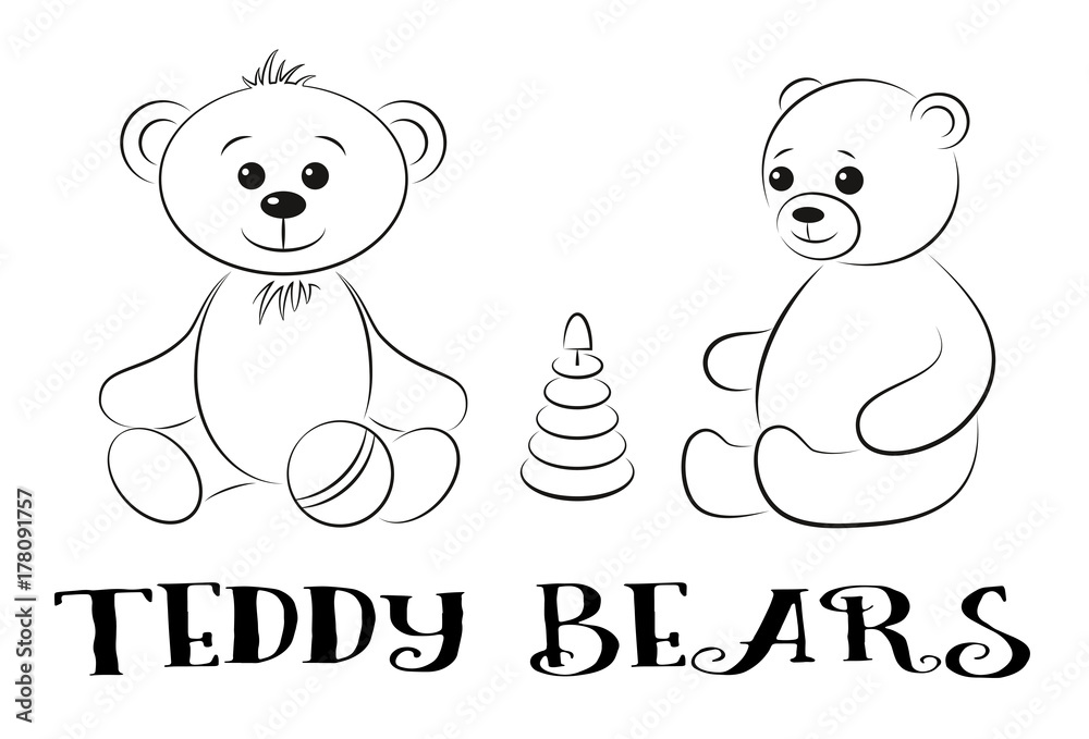 Cartoon Teddy Bears with Childrens Toys, Ball and Pyramid, Black ...