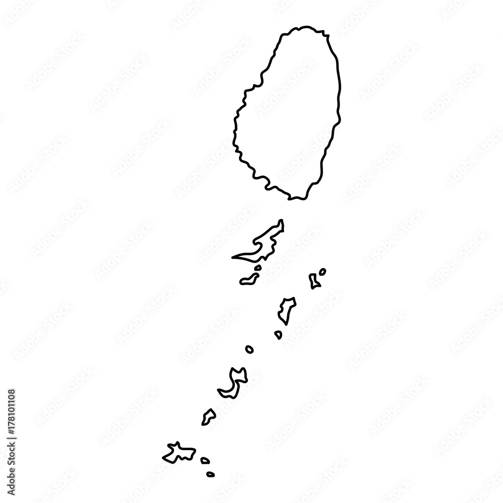 Saint Vincent and Grenadines map of black contour curves of vector ...