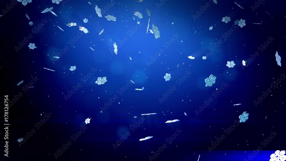 beautiful 3d snowflakes flying in air at night on a blue background ...