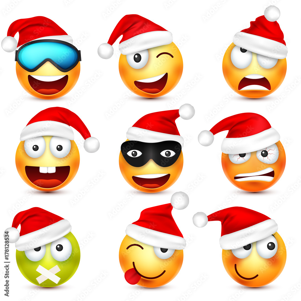 Smiley,emoticon set. Yellow face with emotions and Christmas hat. New ...