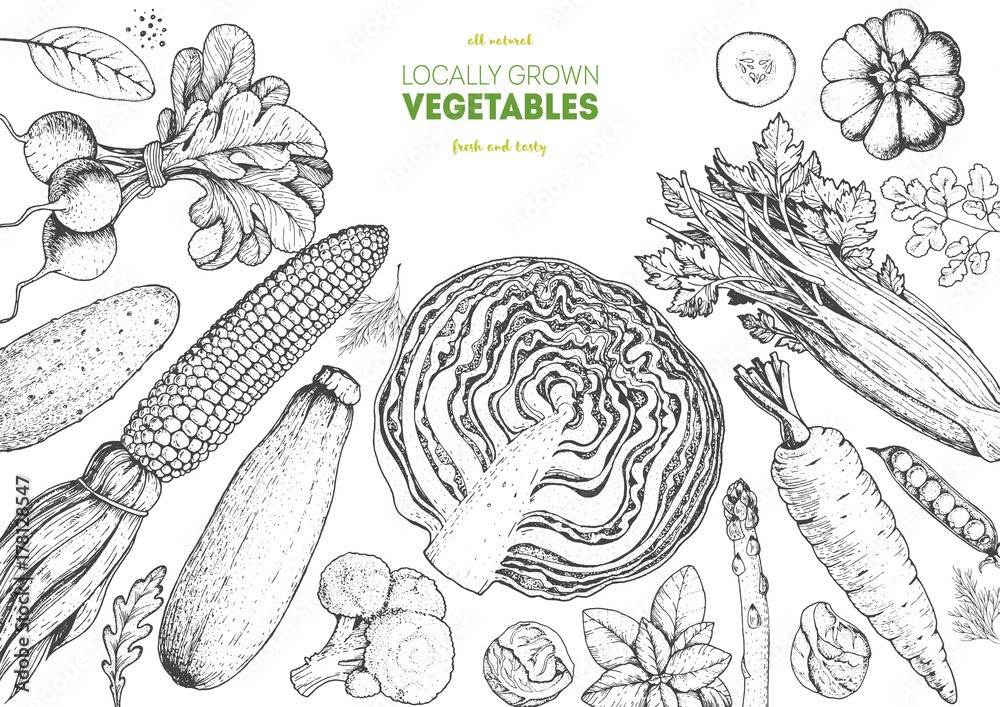 Vecteur Stock Vegetables top view frame. Farmers market menu design ...