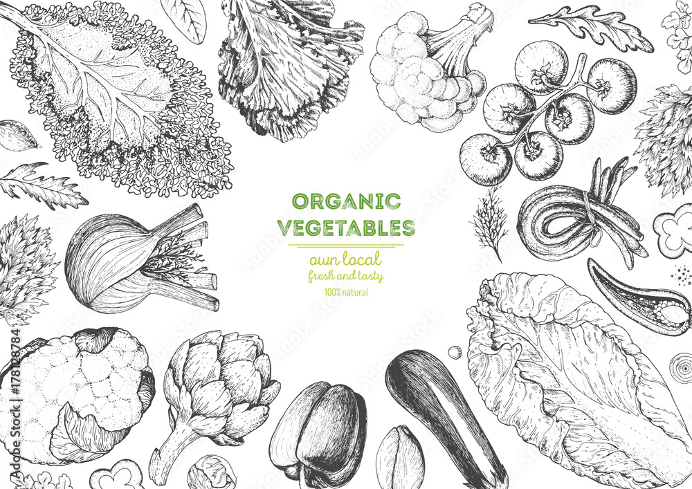 Vegetables top view frame. Farmers market menu design template. Organic ...