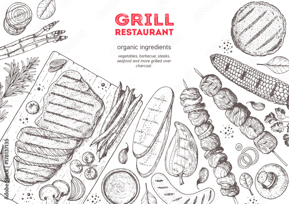 Grilled meat and vegetables top view frame. Vector illustration ...