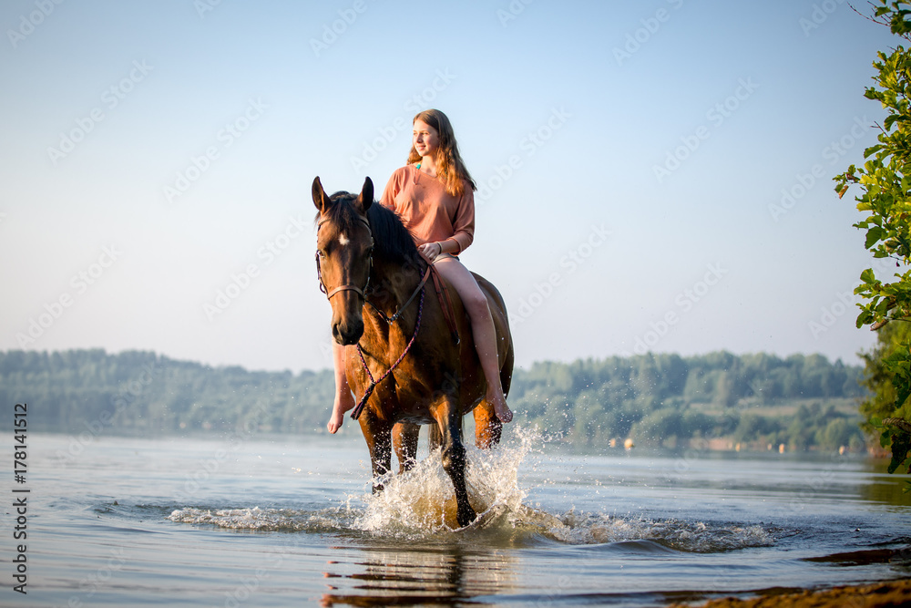 Reiterin mit Pferd im See Stock-Foto | Adobe Stock