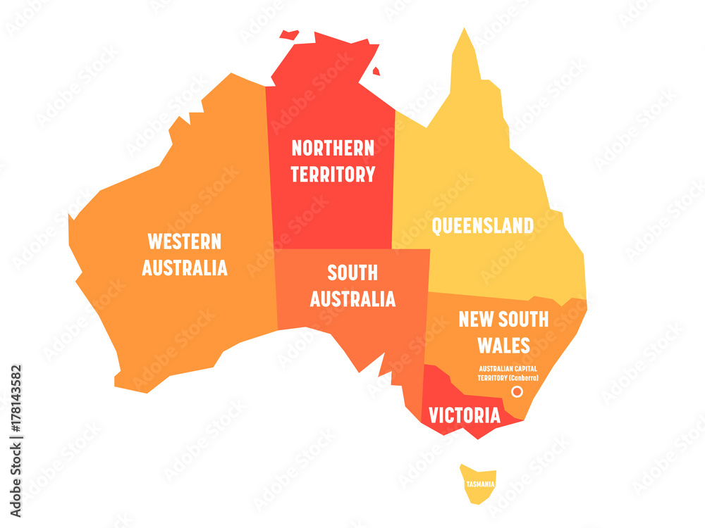 Simplified map of Australia divided into states and territories. Orange ...