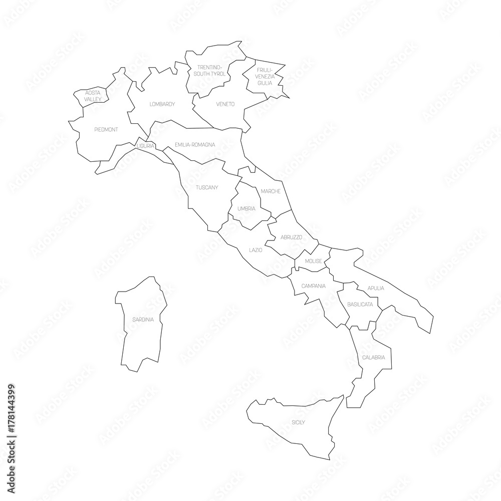 Map of Italy divided into 20 administrative regions. White land, black ...