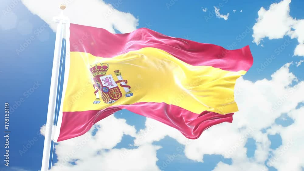 Realistic flag of Spain waving against time-lapse clouds background ...