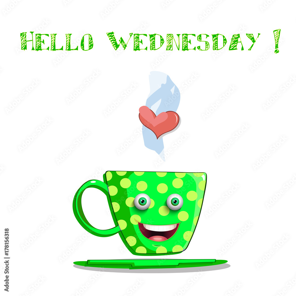 Cute cartoon green smiling cup with yellow polka dots, steam, heart and ...