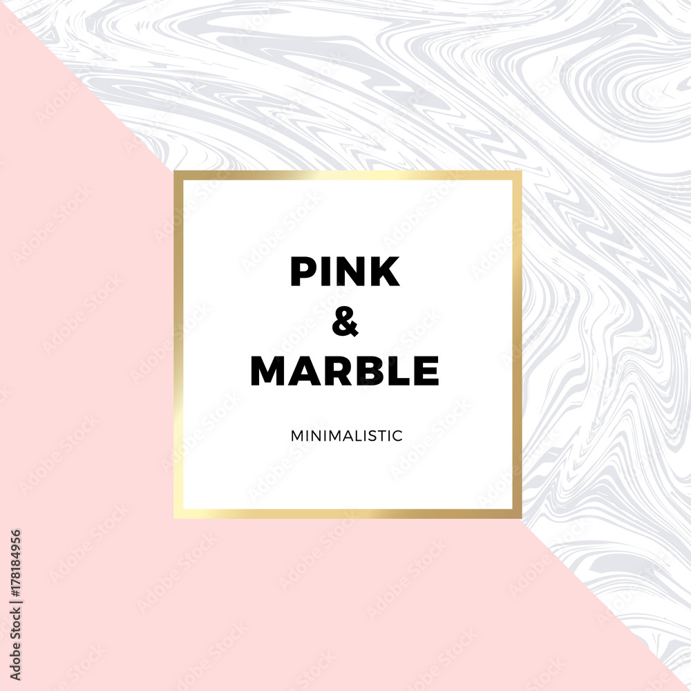 Trendy pink geometric card or flyer design wiht contrast shapes, marble ...