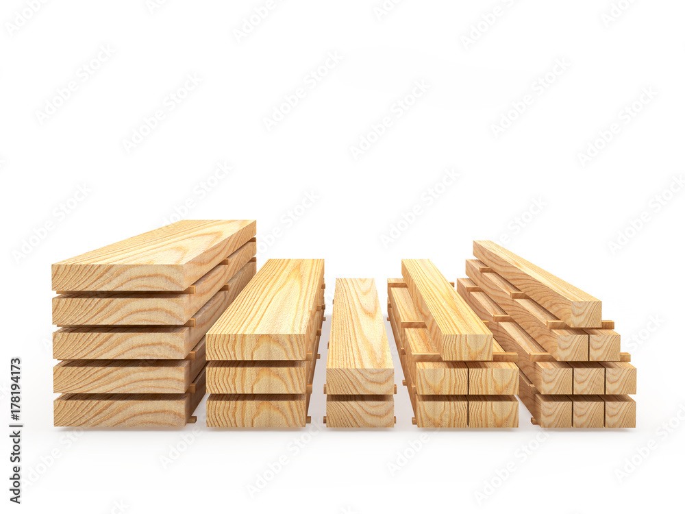 Various wooden boards and planks in stacks front view on white ...