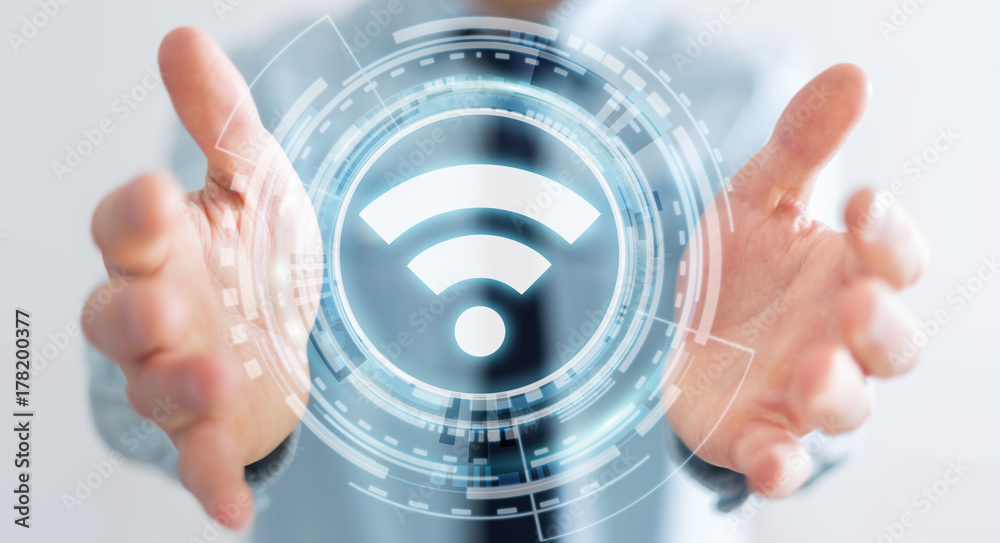 Businessman using free wifi hotspot interface 3D rendering Stock Photo ...