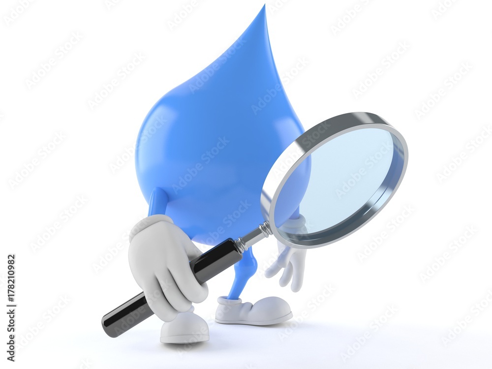 Water drop character looking through magnifying glass Stock ...