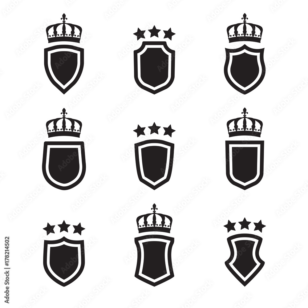 Shields set. Collection of different shield shapes with crown and stars ...