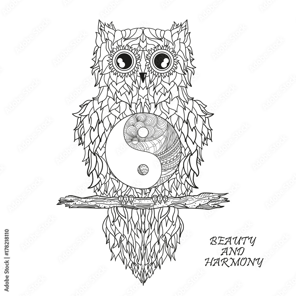 Owl. Yin and Yang. Detailed hand drawn vintage bird with abstract ...