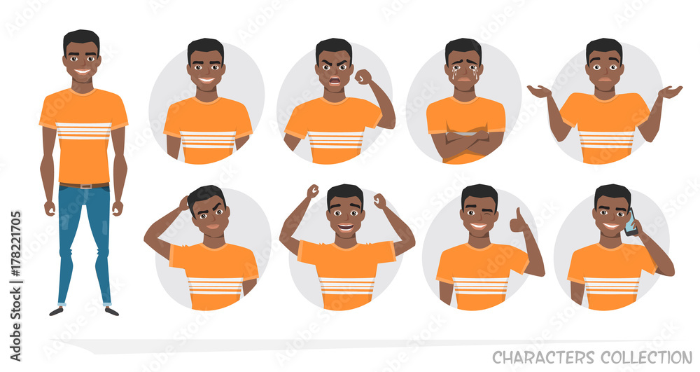 Set of emotions and gestures to the young black african american man ...