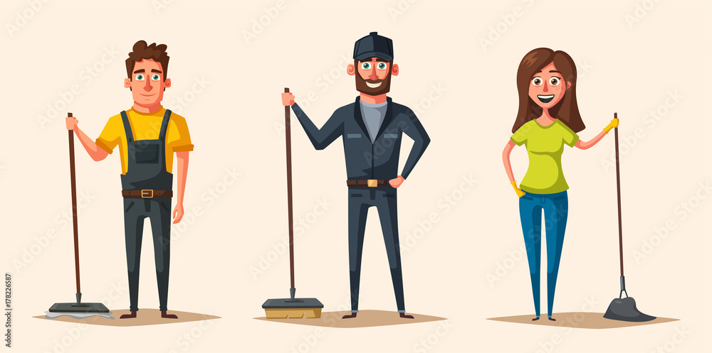 Cleaning staff character with equipment. Cartoon vector illustration ...