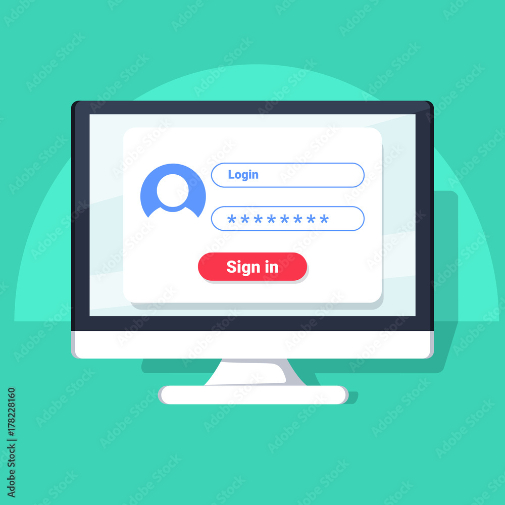 Sign in page on computer screen. Desktop computer with login form and ...