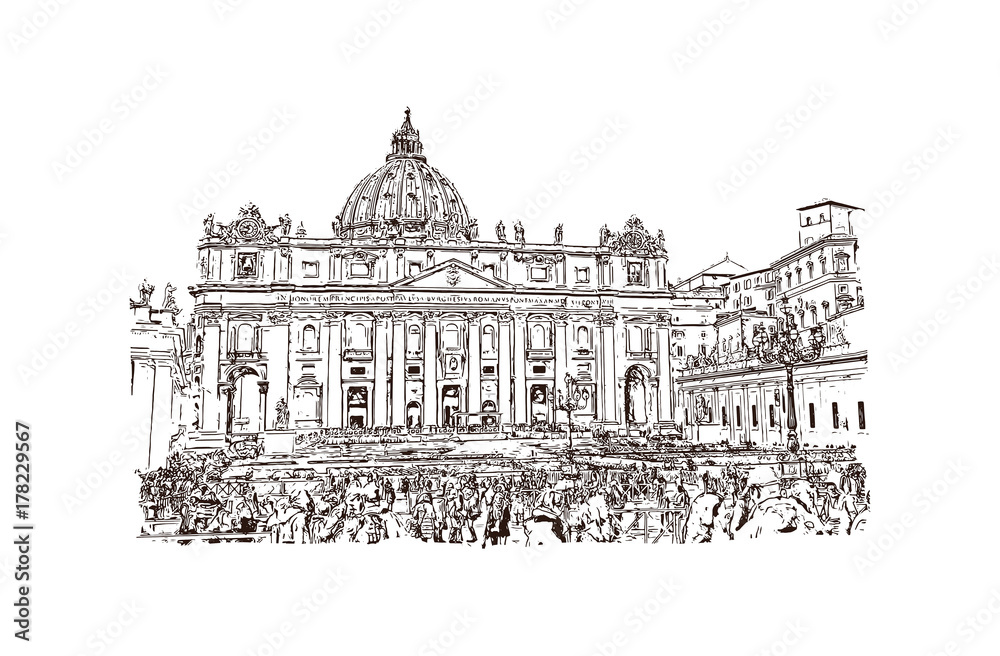 Hand drawn sketch of Vatican City, Rome, St. Peter's Basilica in vector ...