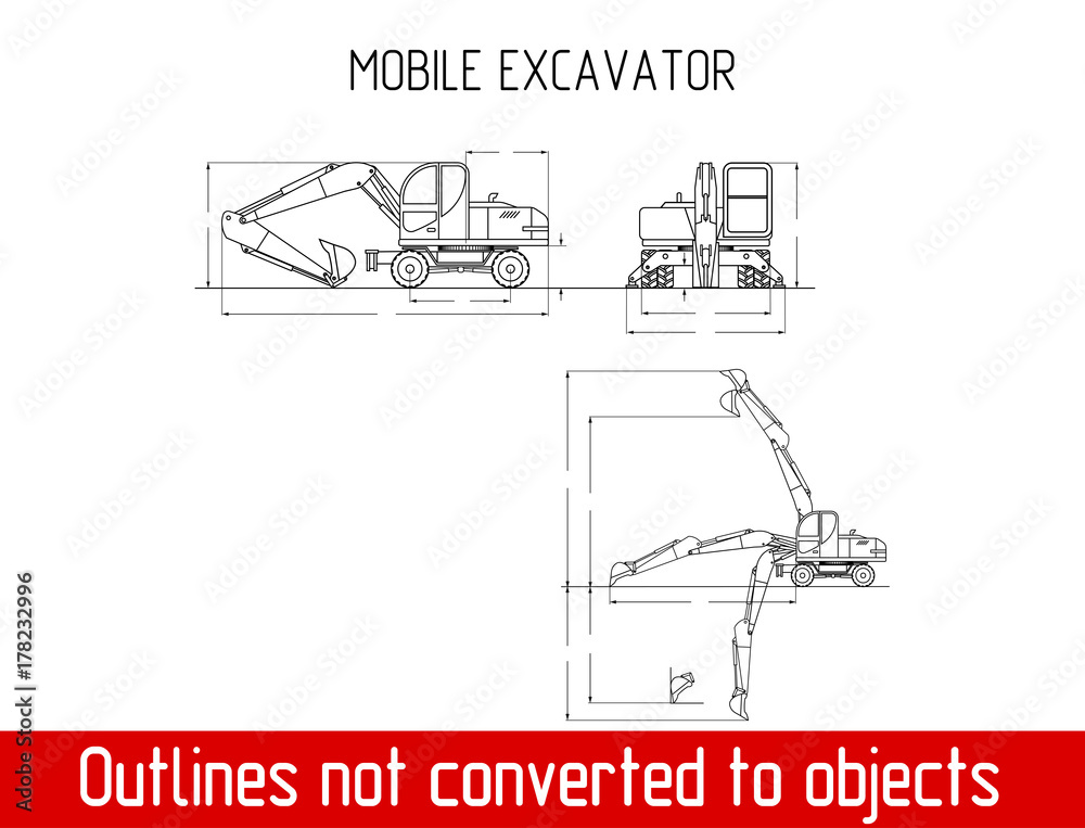 typical mobile excavator overall dimensions outline blueprint template ...