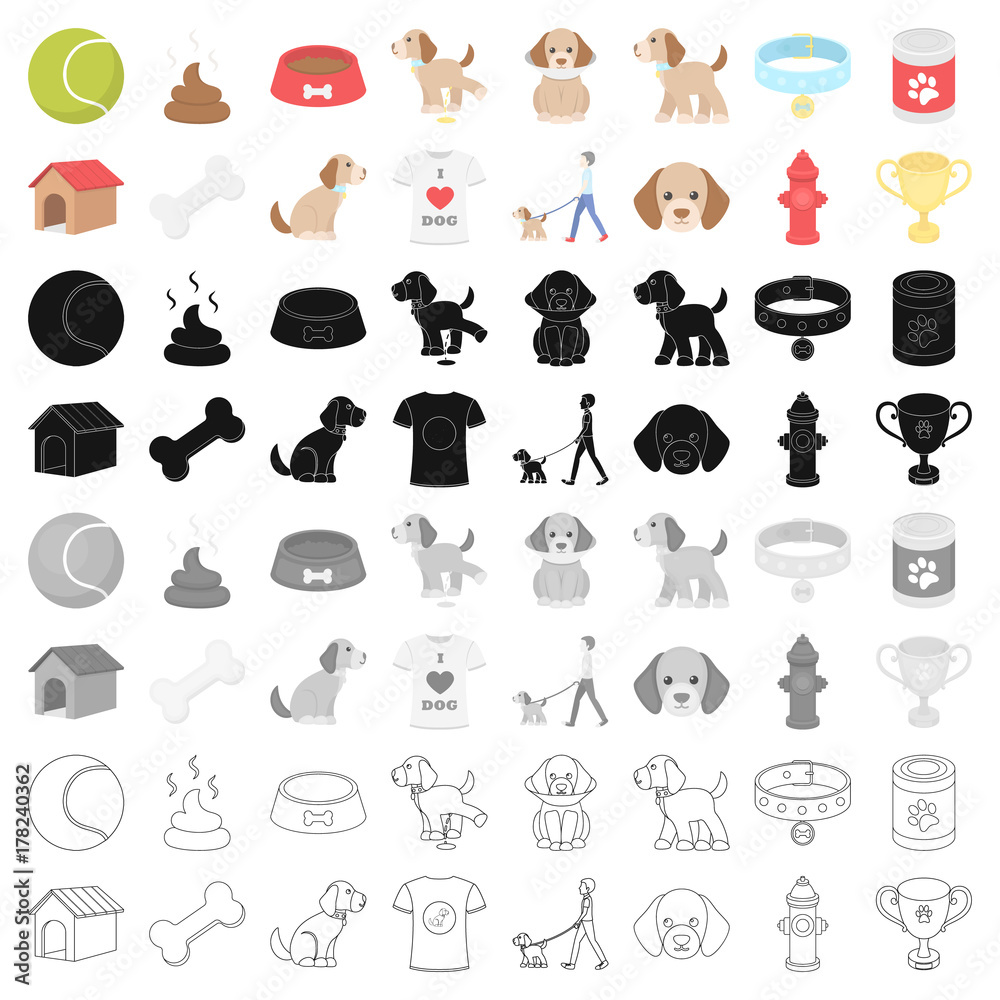 Dog equipment set icons in cartoon style. Big collection dog equipment ...