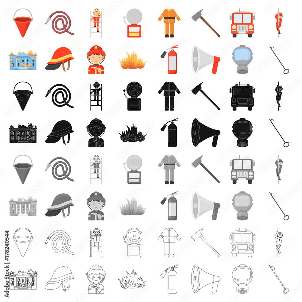 Fire department set icons in cartoon style. Big collection of fire ...