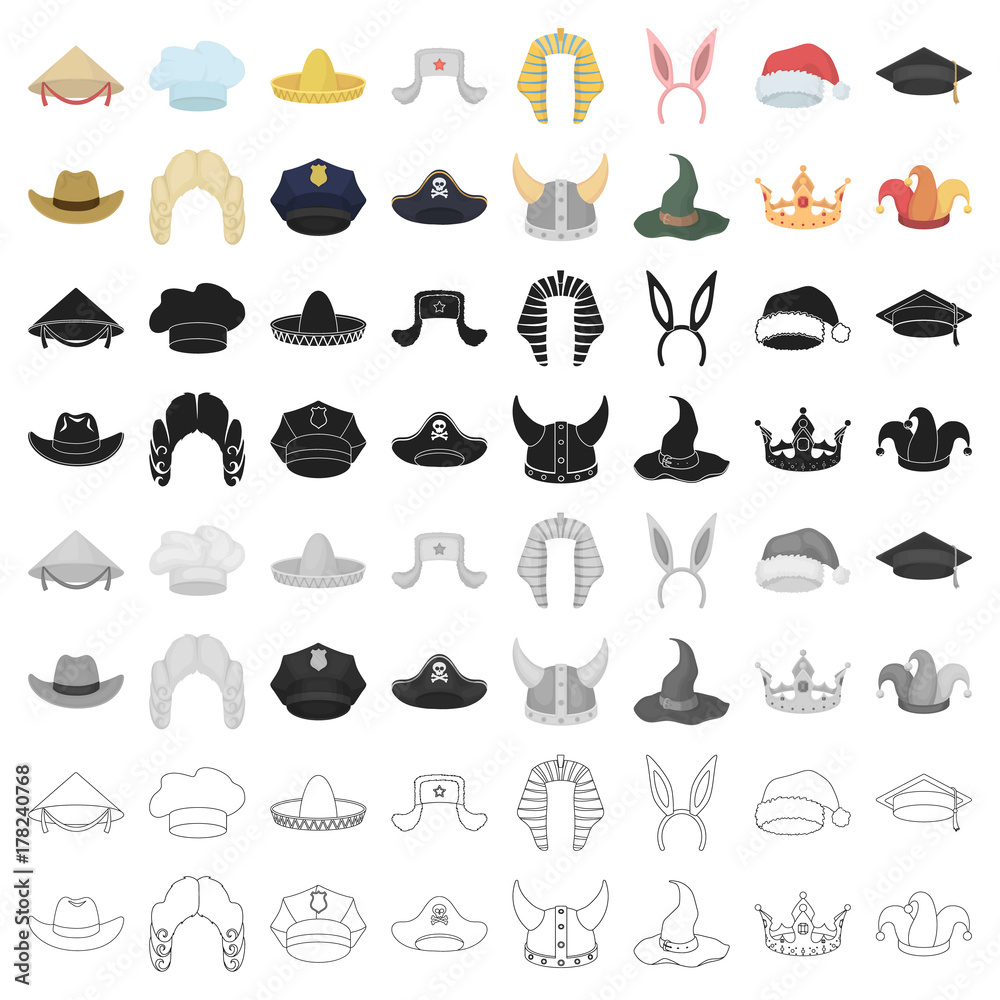 Hats set icons in cartoon style. Big collection of hats vector symbol ...