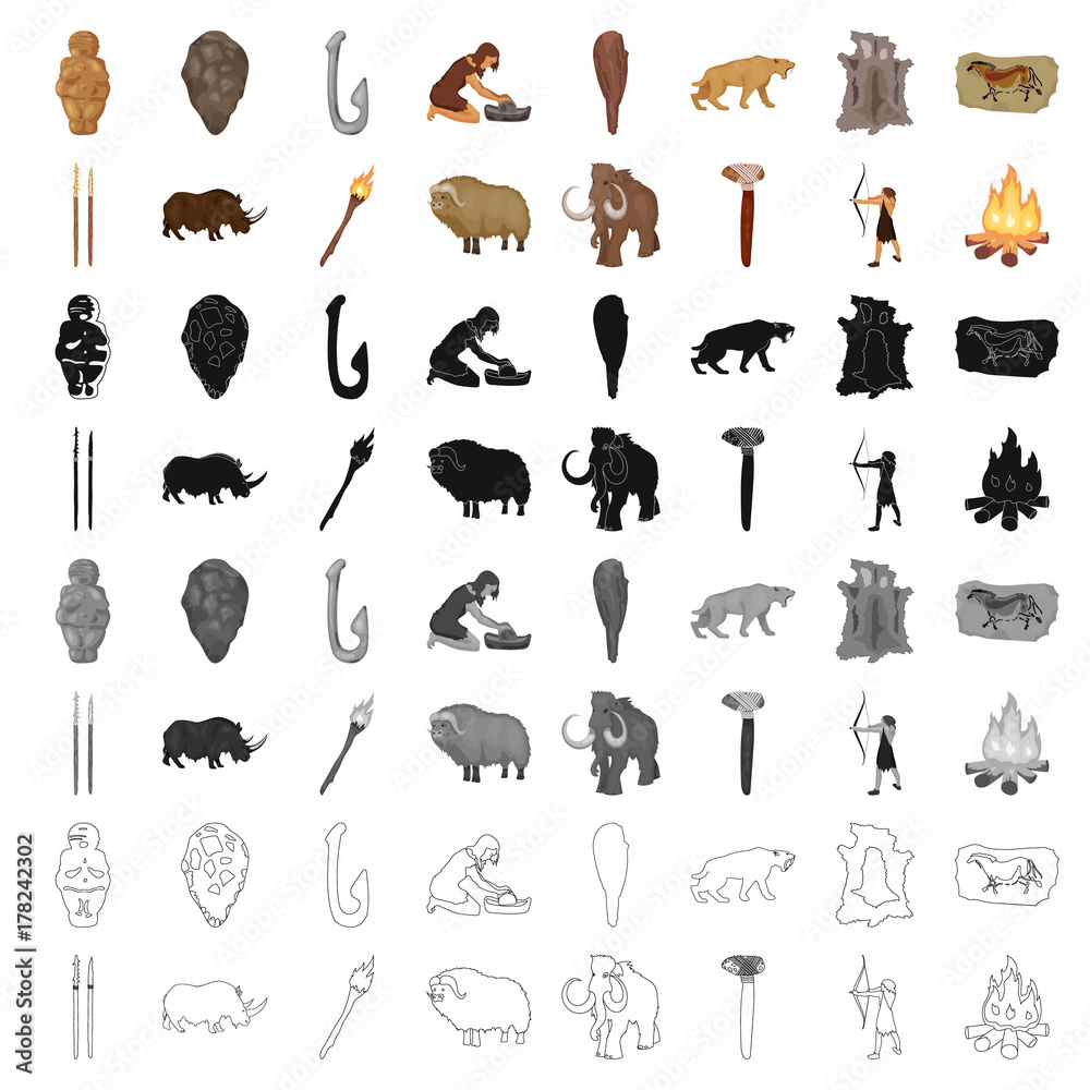 Stone age set icons in cartoon style. Big collection of stone age ...