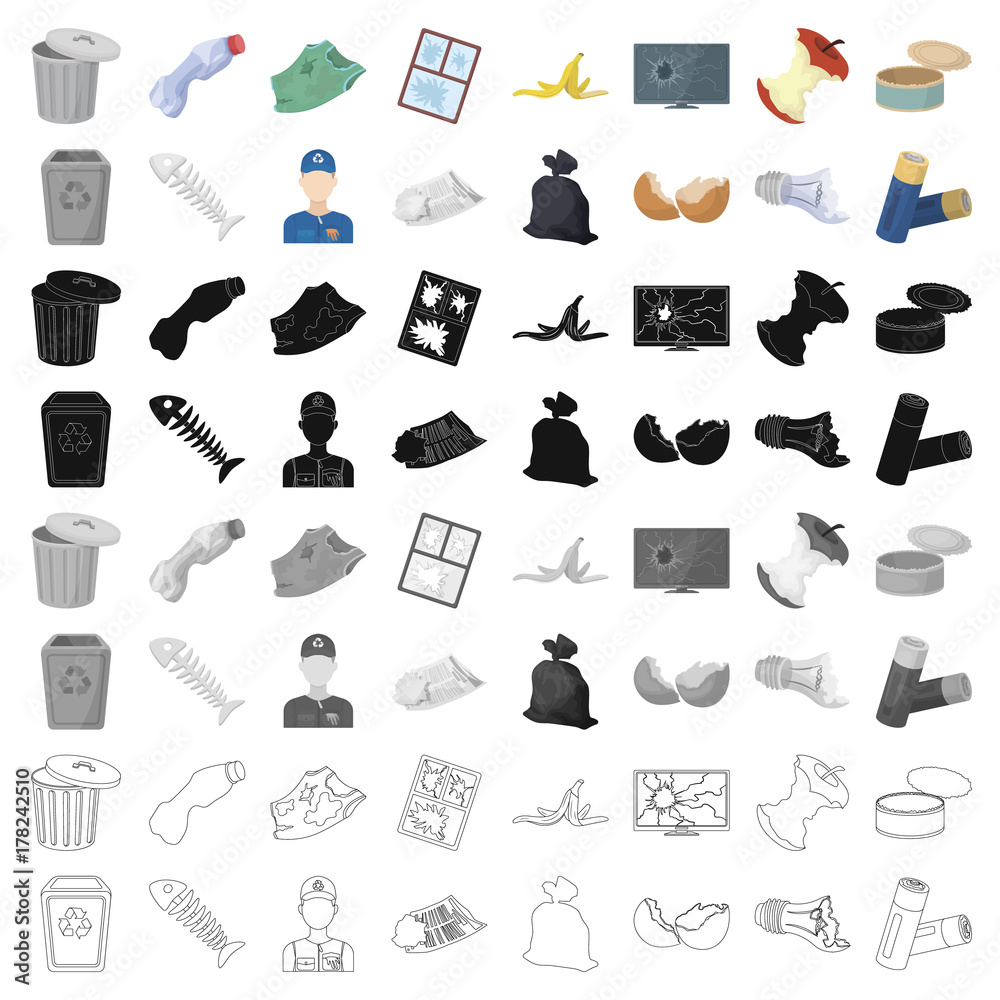Trash and garbage set icons in cartoon style. Big collection of trash ...