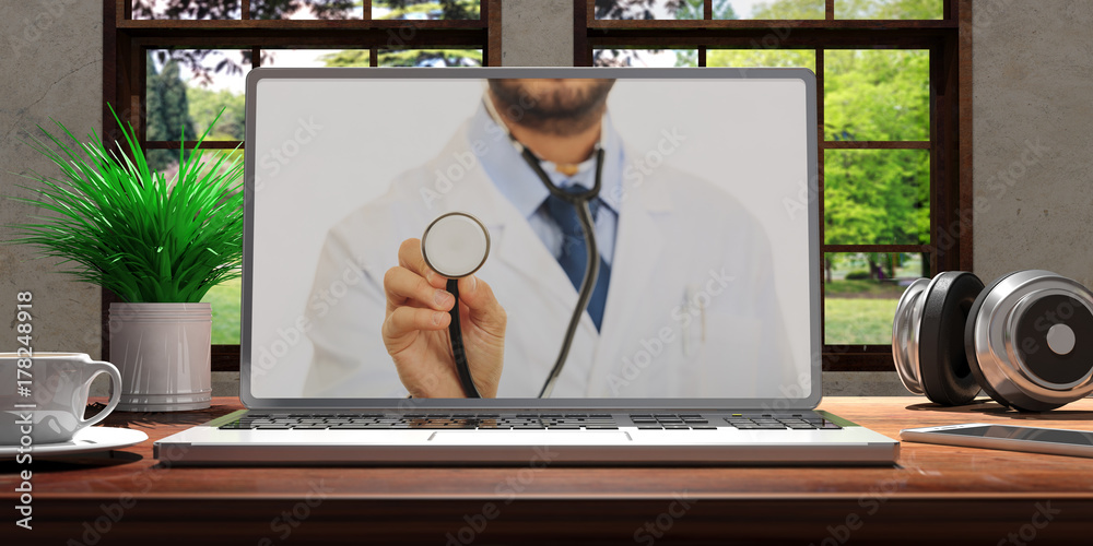 Laptop with telemedicine doctor screen on wooden desk at home ...