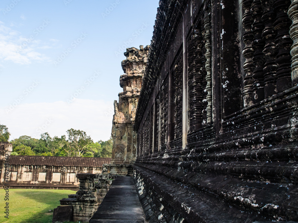 The wall of the historical remains at Angor Wat, one of the 7 wonders ...
