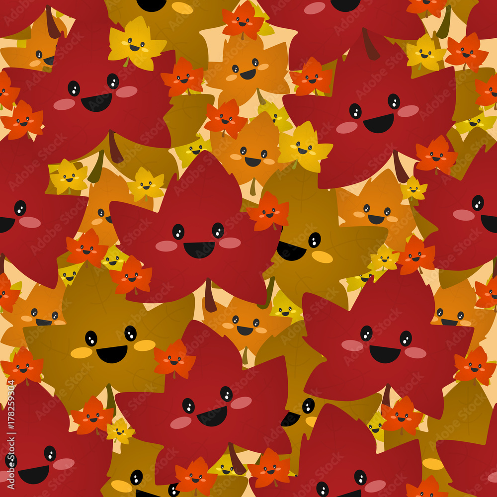 Happy leafy Autumn mess. Pattern illustration of a Autumn kawaii mess ...