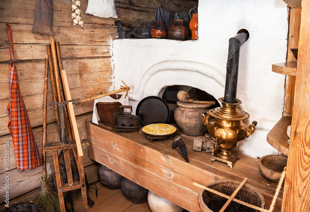 Interior of old rural wooden house in the museum of wooden architecture ...