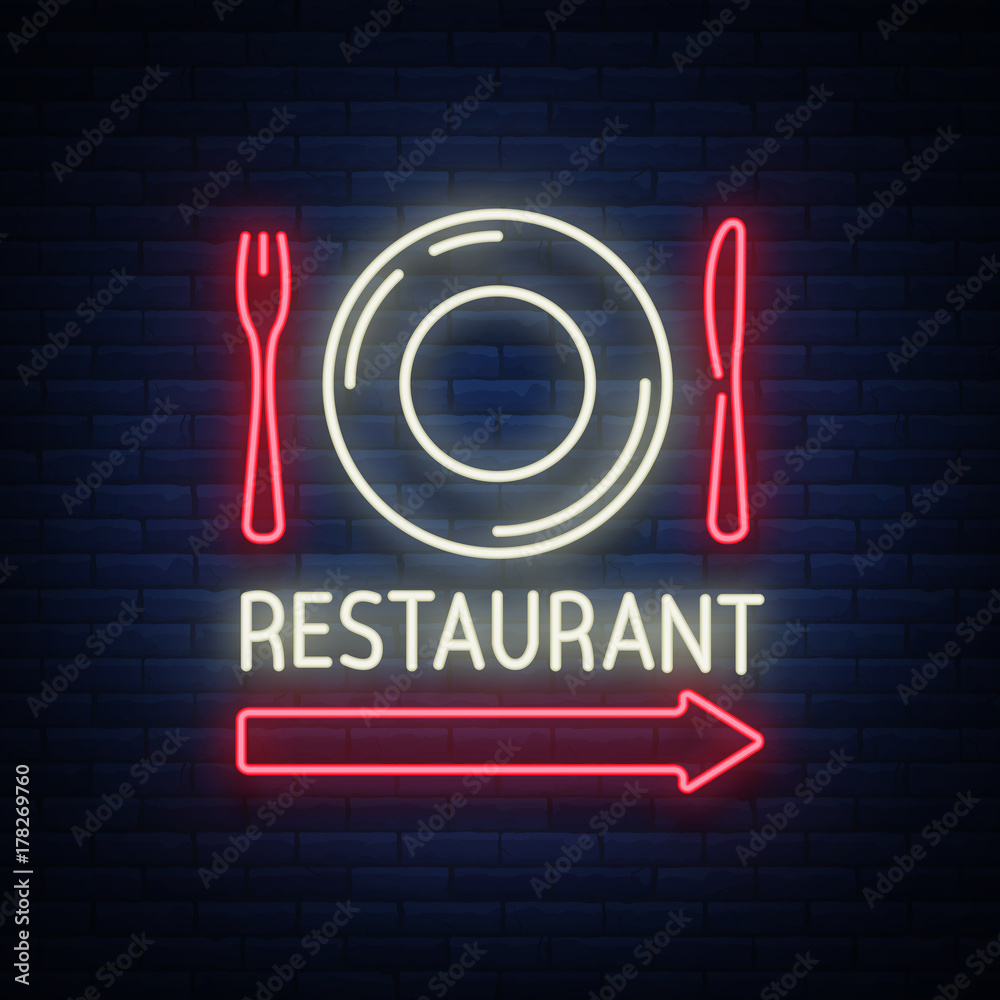 Restaurant logo, sign, emblem in neon style. A glowing signboard, a ...