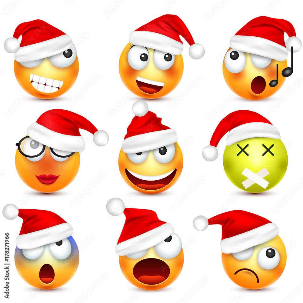 Smiley,emoticon set. Yellow face with emotions and Christmas hat. New ...
