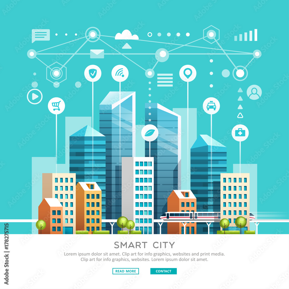 Concept of smart city with different icons and elements. Future ...