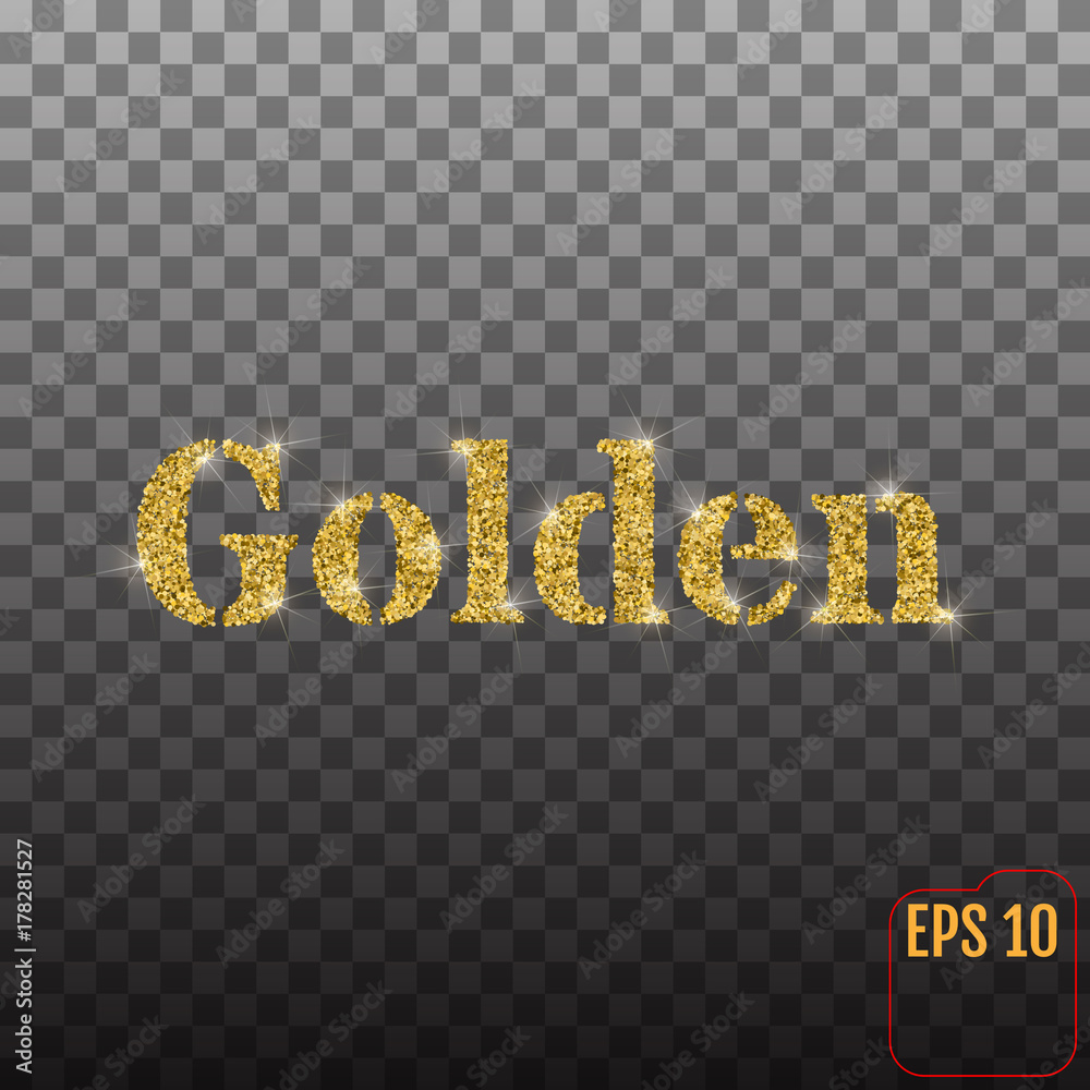 The word "Golden" from golden sand and confetti with glitter on a ...